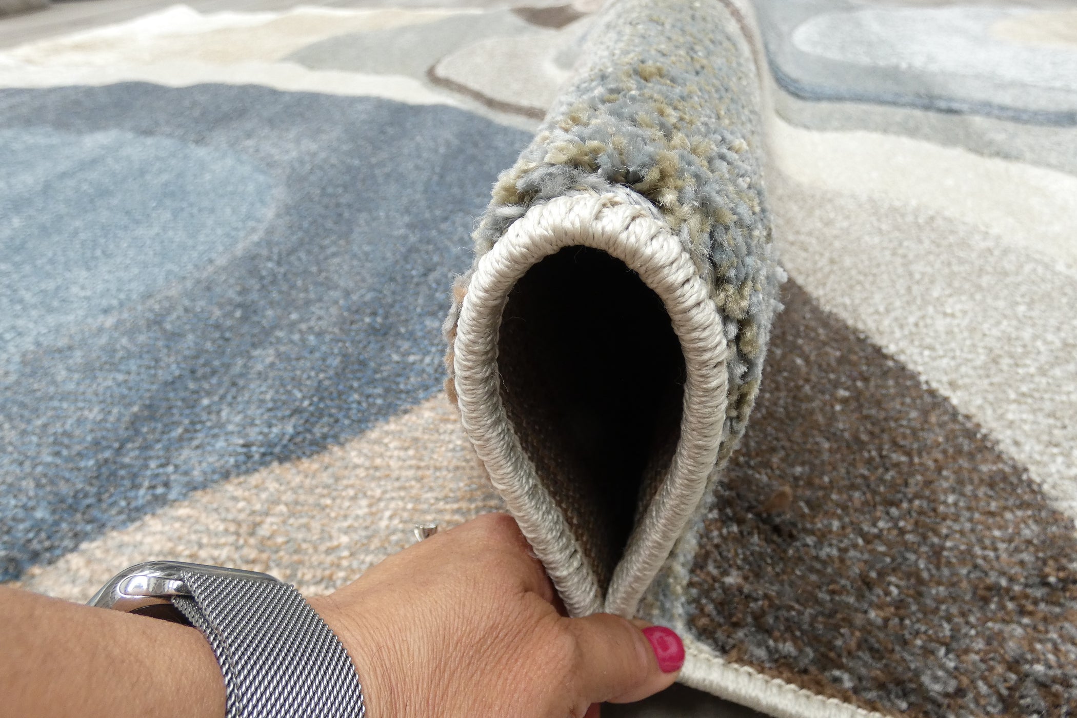 Kimya Collection Abstract Wave Pattern Rug in Blue and Neutral Tones ...