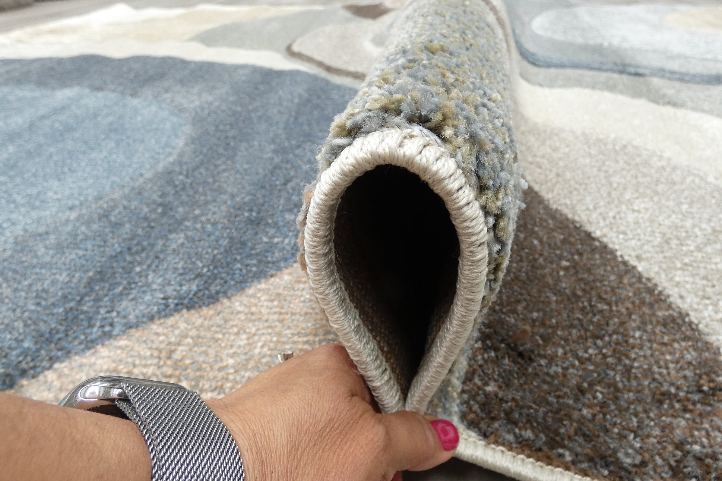 Kimya Collection Abstract Wave Pattern Rug in Blue and Neutral Tones ...