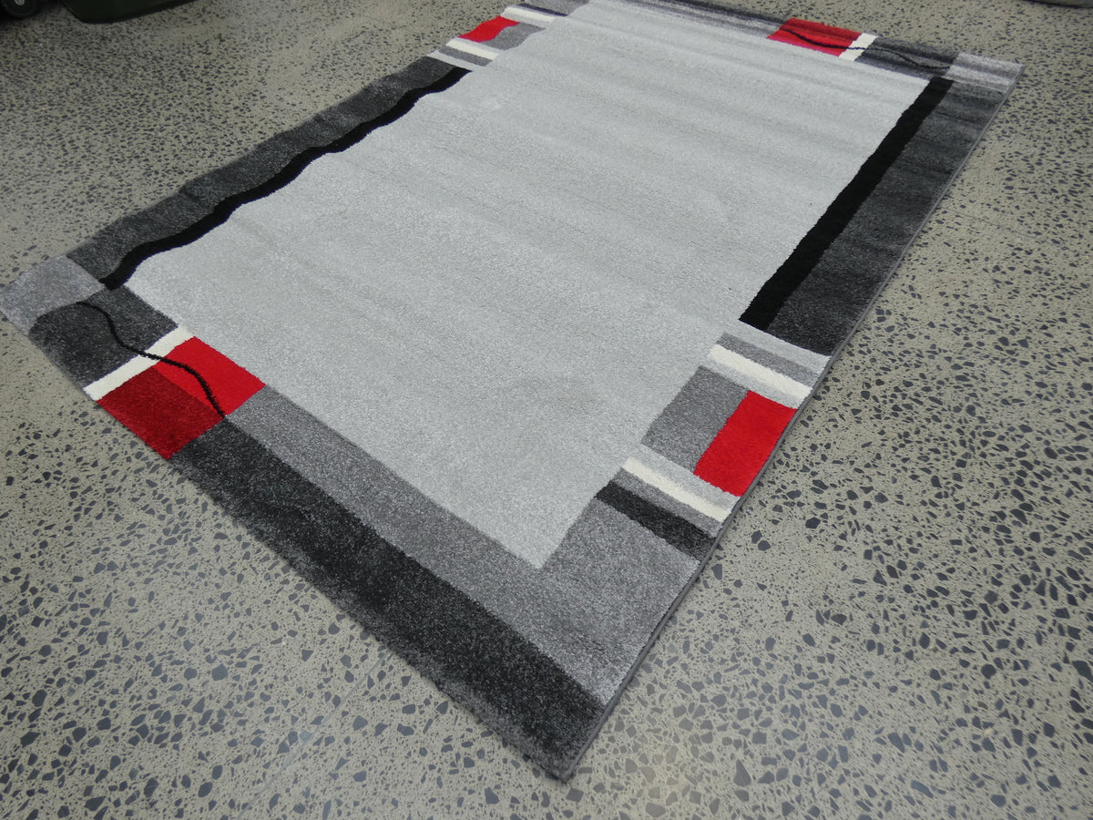 Modern Border Design Turkish Aroha Rug in Light Grey, Dark Grey & Red ...